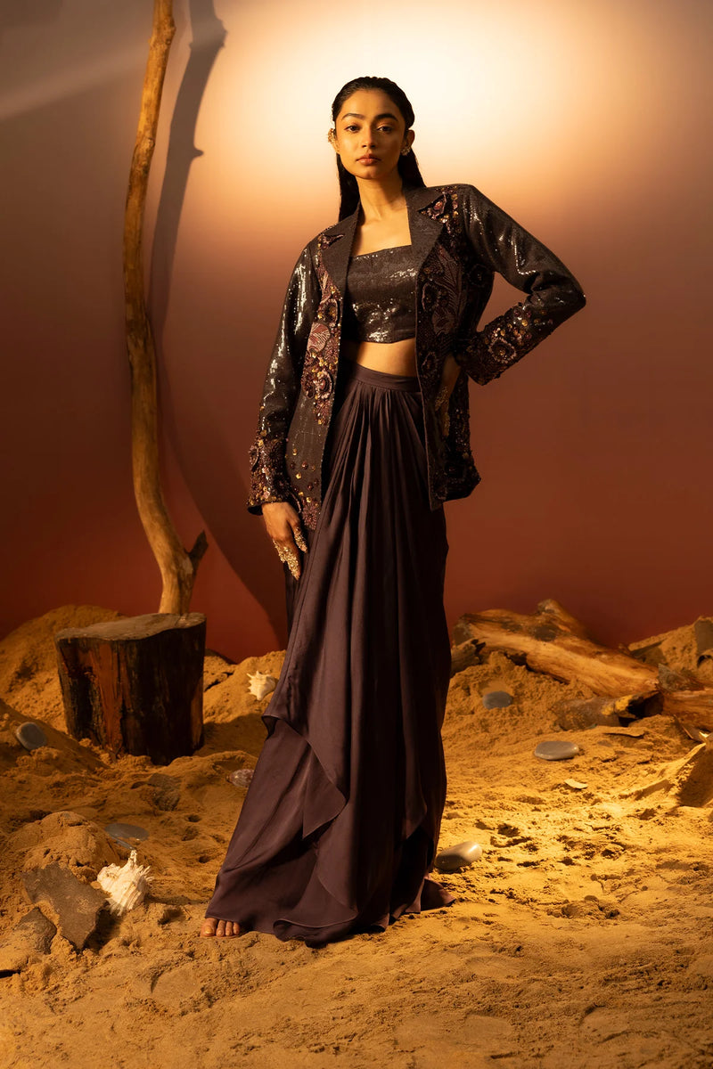 Aged Grape Jacket, Blouse & Draped Skirt – Ruceru